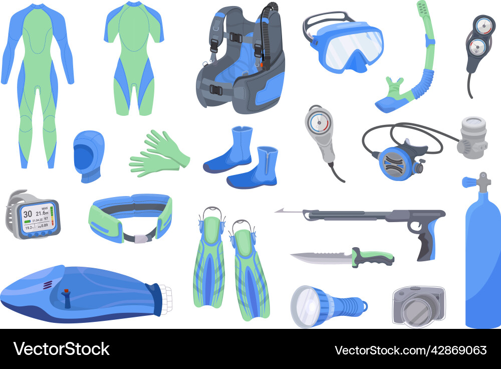 Diving equipment icon set Royalty Free Vector Image