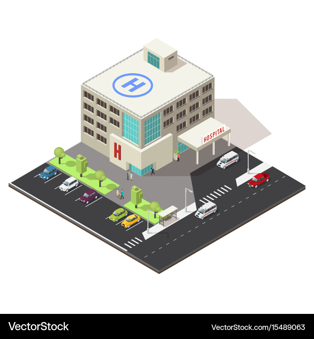 Isometric hospital building concept Royalty Free Vector