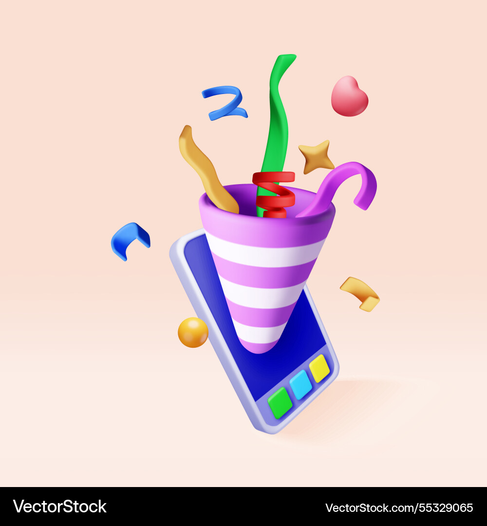3d party popper with confetti on mobile phone Vector Image