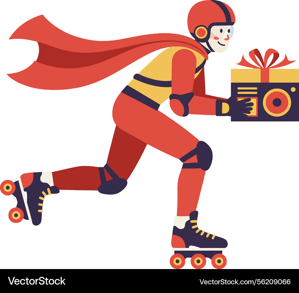 Superhero auf Rollschuhen die eine Geschenkbox liefern