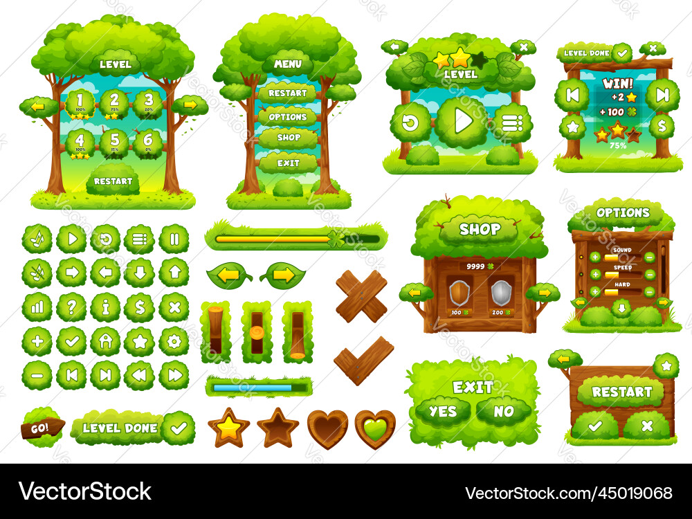 Green forest game interface ui buttons set Vector Image