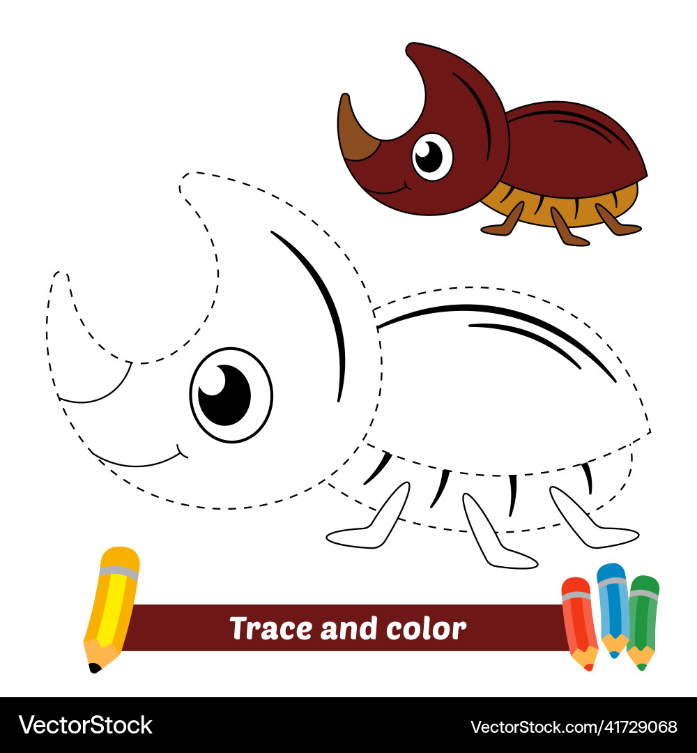 Trace and color for kids rhinoceros beetle Vector Image