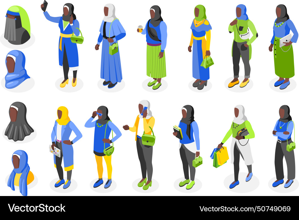 Hijab isometric recolor set Royalty Free Vector Image Hijab isometric recolor set Royalty Free Vector Image