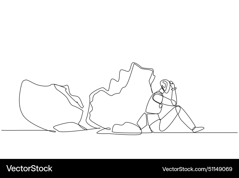 Single one line drawing a robot sit slump next Vector Image