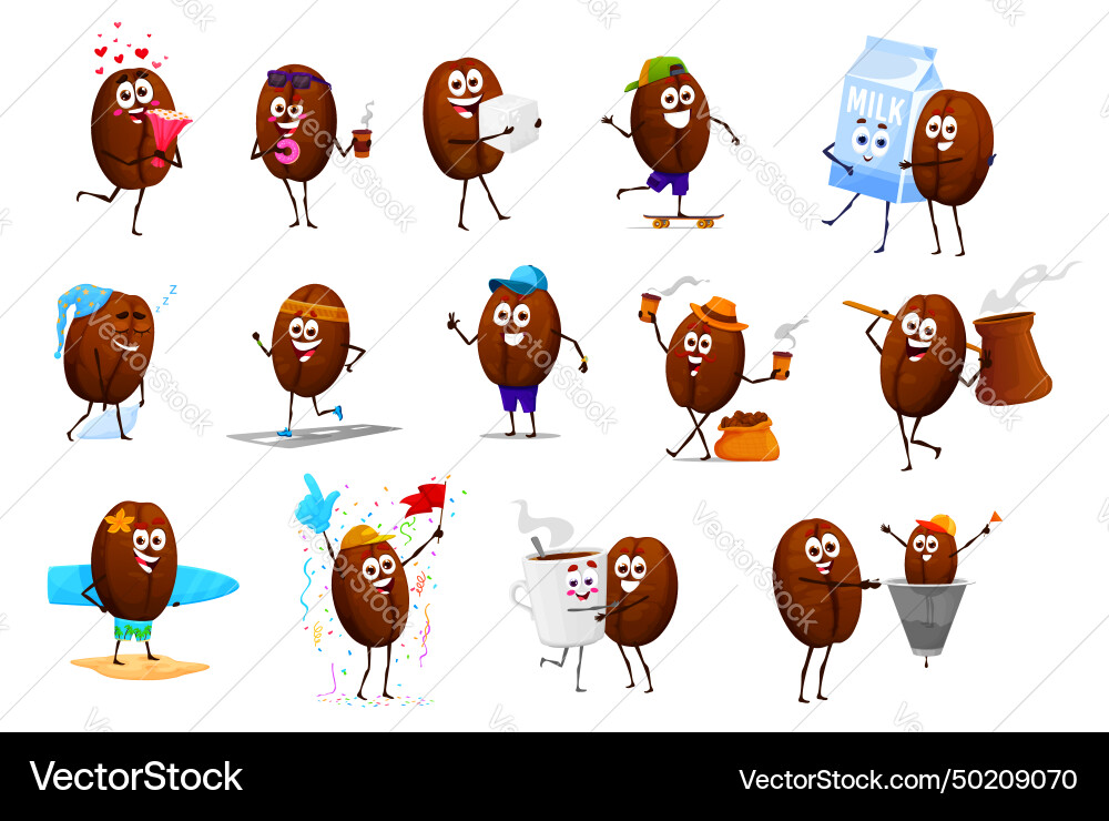Cartoon cheerful happy coffee bean characters Vector Image