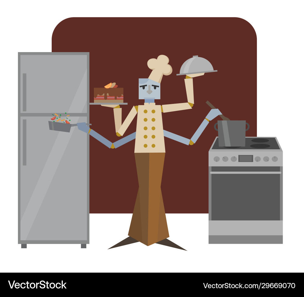 Cook robot android cooks food in kitchen Vector Image