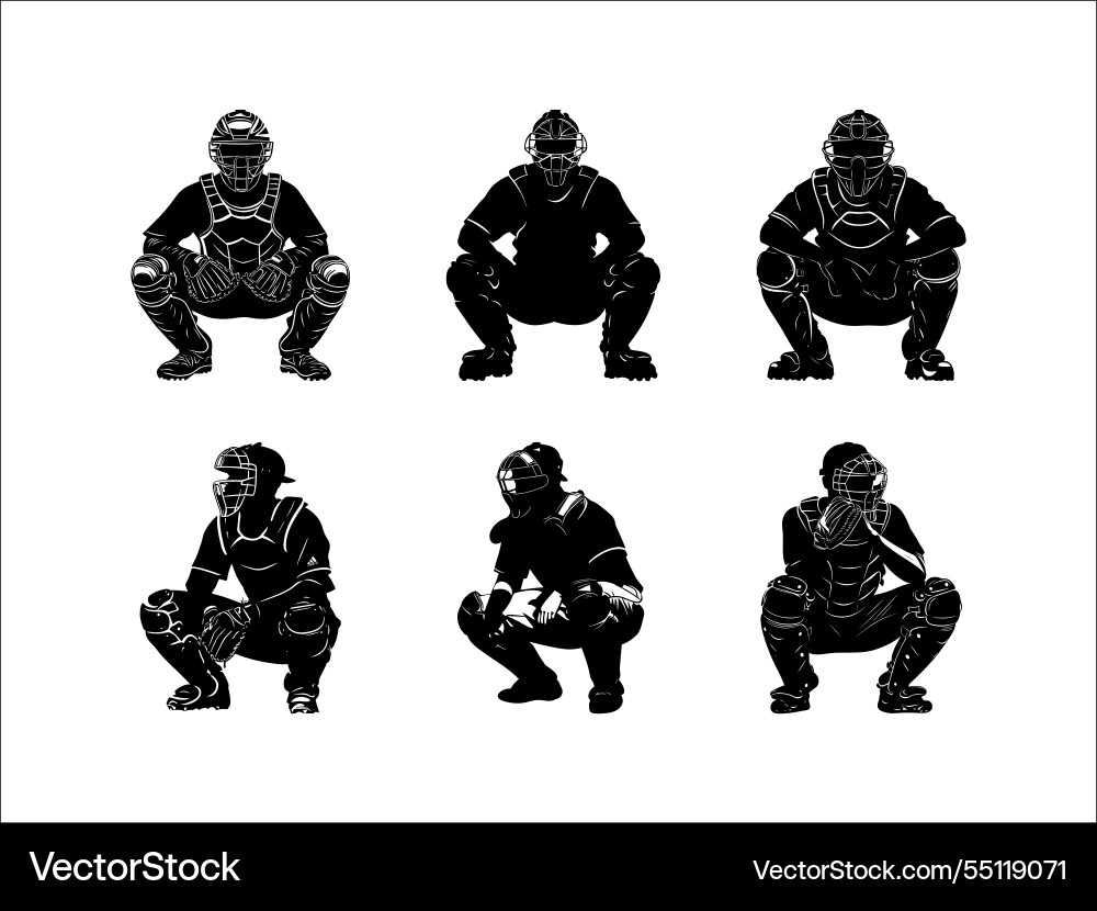 Baseball catcher silhouettes in squatting pose Vector Image