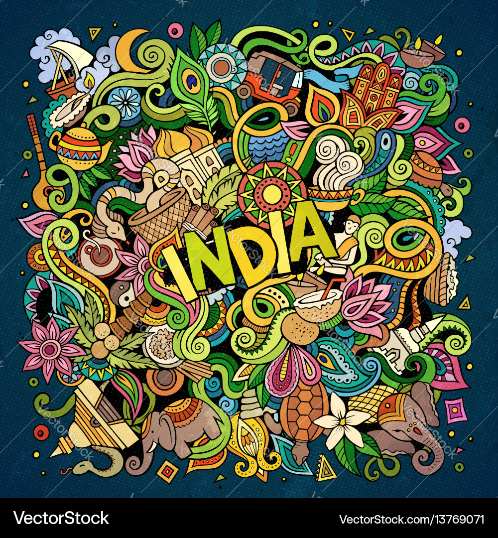 Cartoon cute doodles hand drawn india Royalty Free Vector