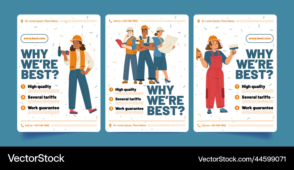 Construction company advertisement with builders Vector Image