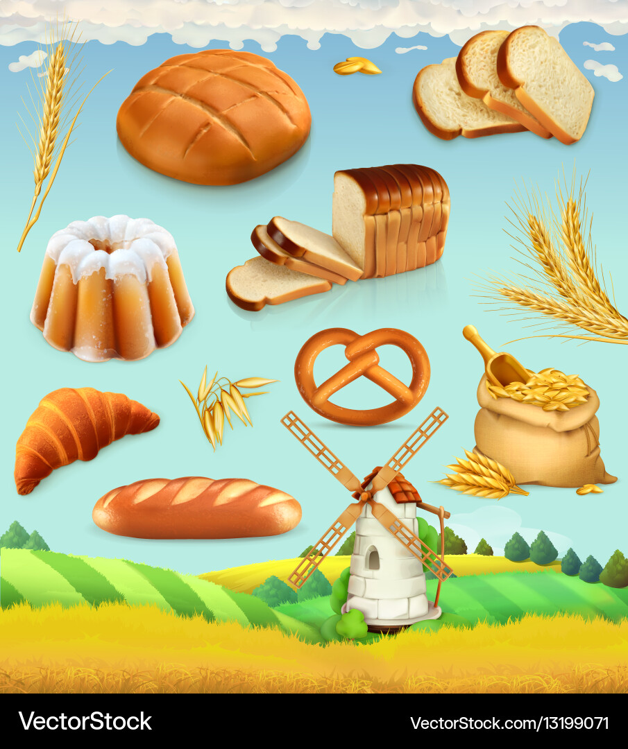 Wheat Bread Food Set - 3D Realistic Royalty Free Vector