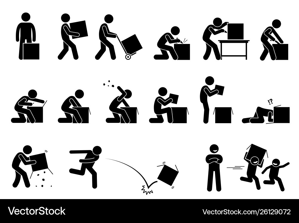 Man opening and unboxing a box stick figure Vector Image