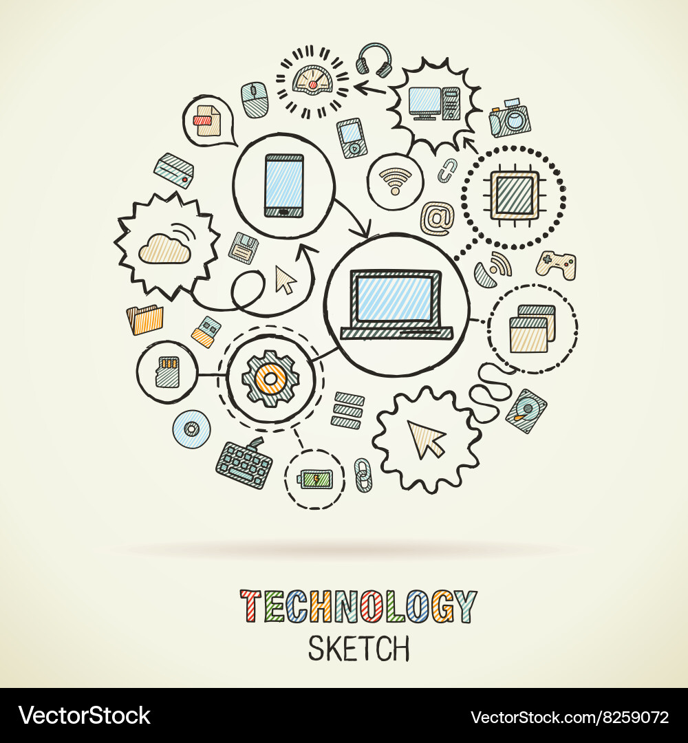 Technology hand drawing integrated sketch icons Vector Image