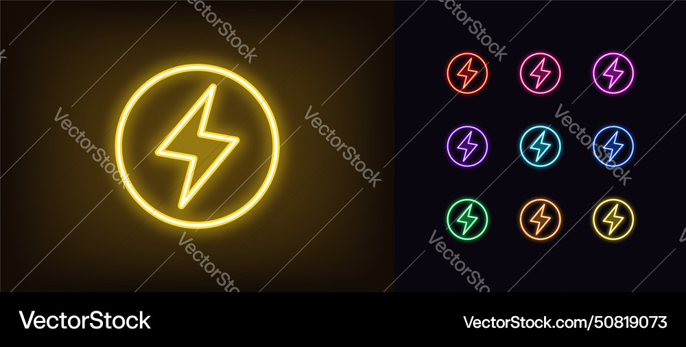 Outline neon lightning icon set glowing Royalty Free Vector