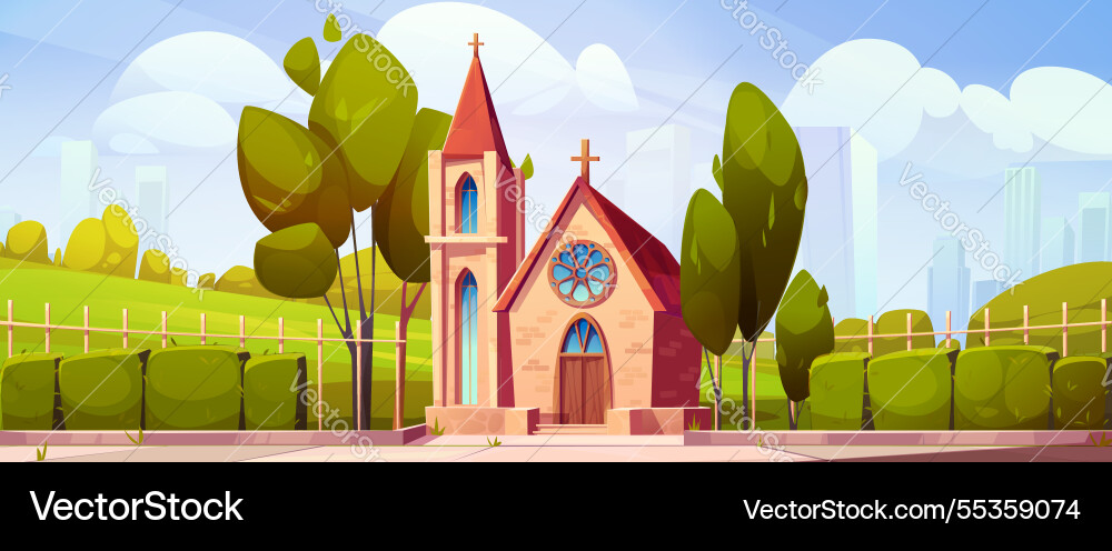 Cartoon church building landscape Royalty Free Vector Image