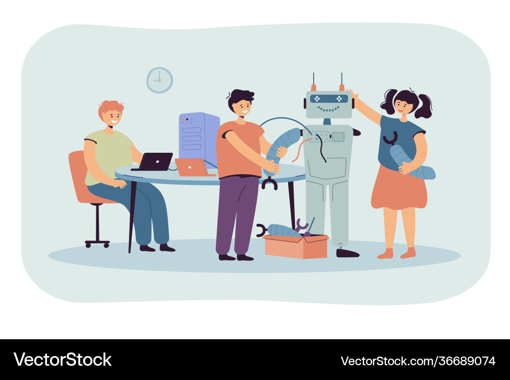 Happy children making robot for school project Vector Image