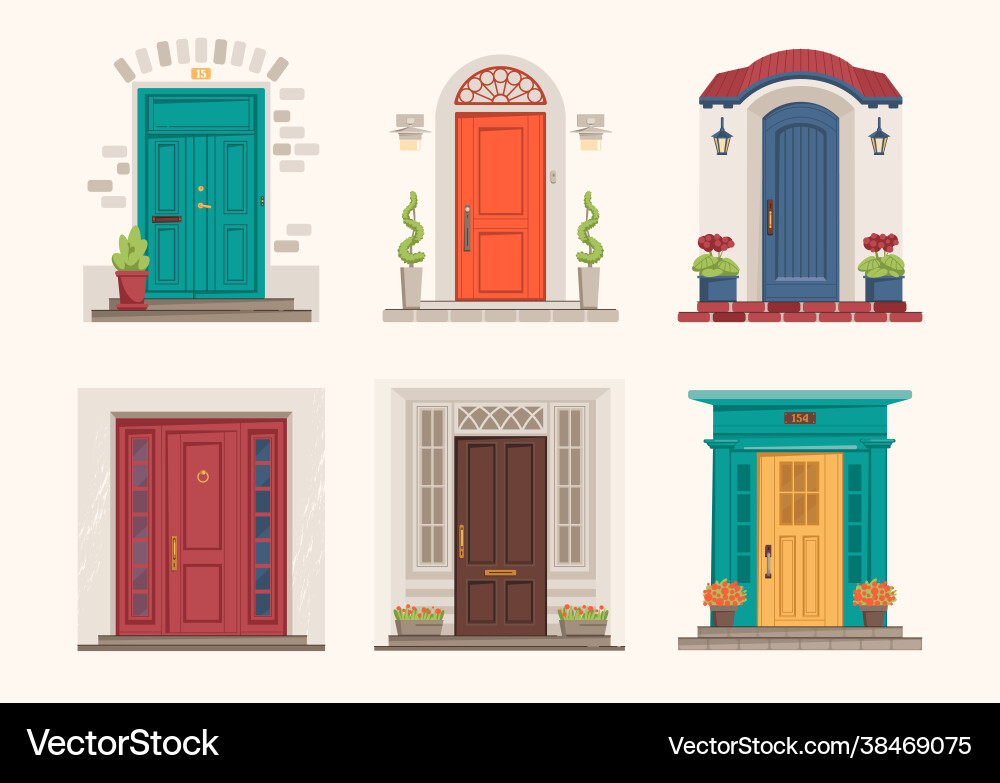 House doors cartoon front entrance exterior wall Vector Image