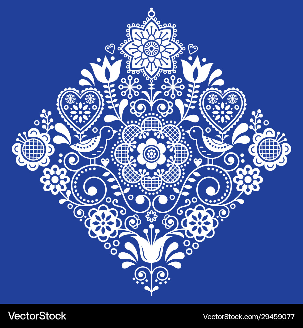 Nordic Floral Pattern - Birds & Flowers Vector Image