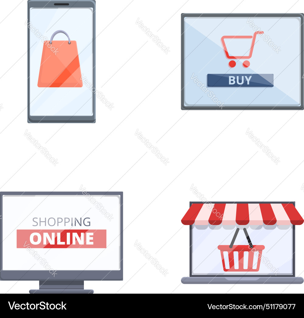 Online store icons set cartoon shopping Royalty Free Vector