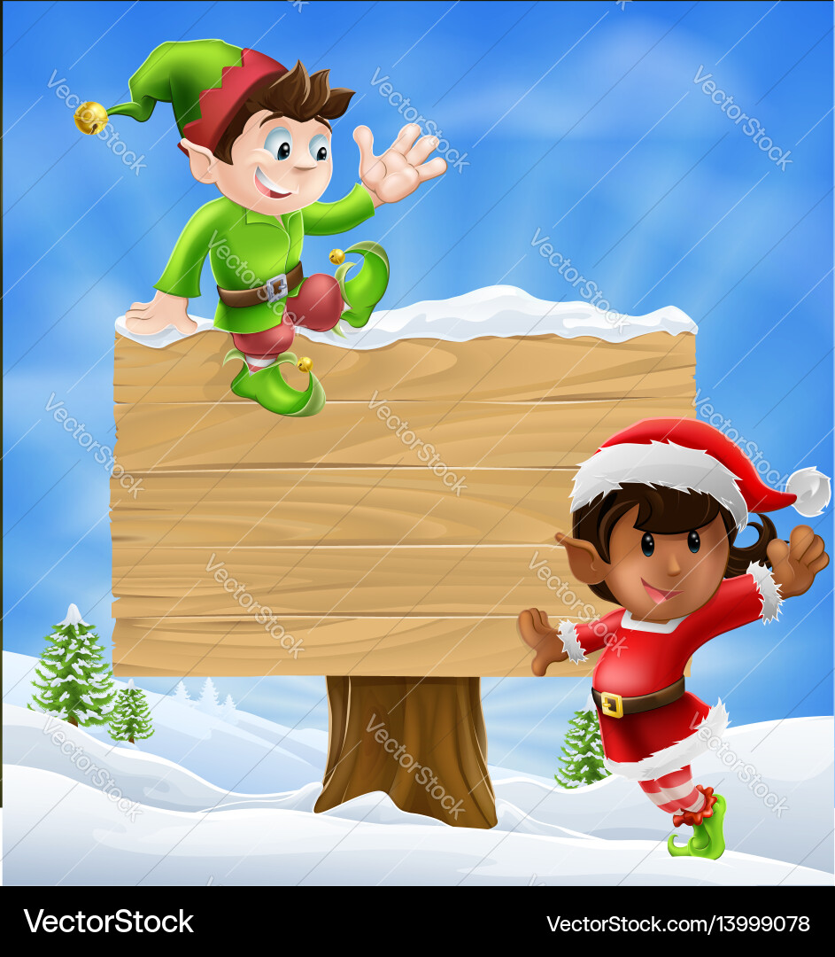 Christmas elves and sign Royalty Free Vector Image