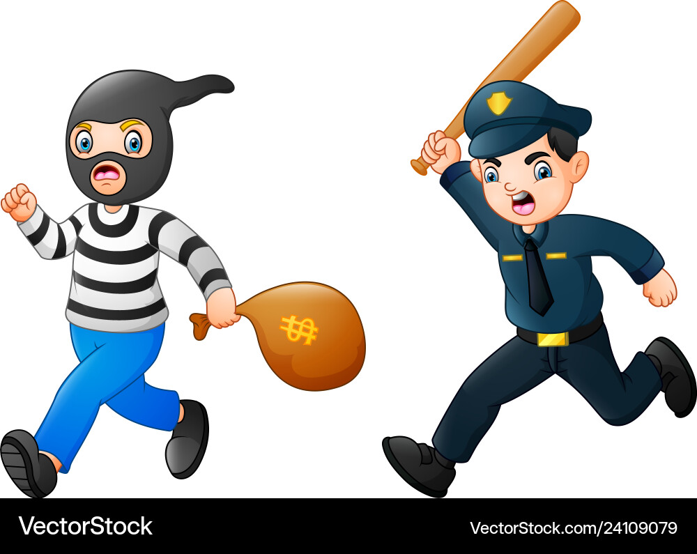 Cartoon policeman chasing a thief Royalty Free Vector Image