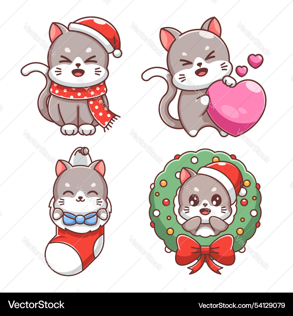 Cute cat celebrating christmas cartoon style set Vector Image