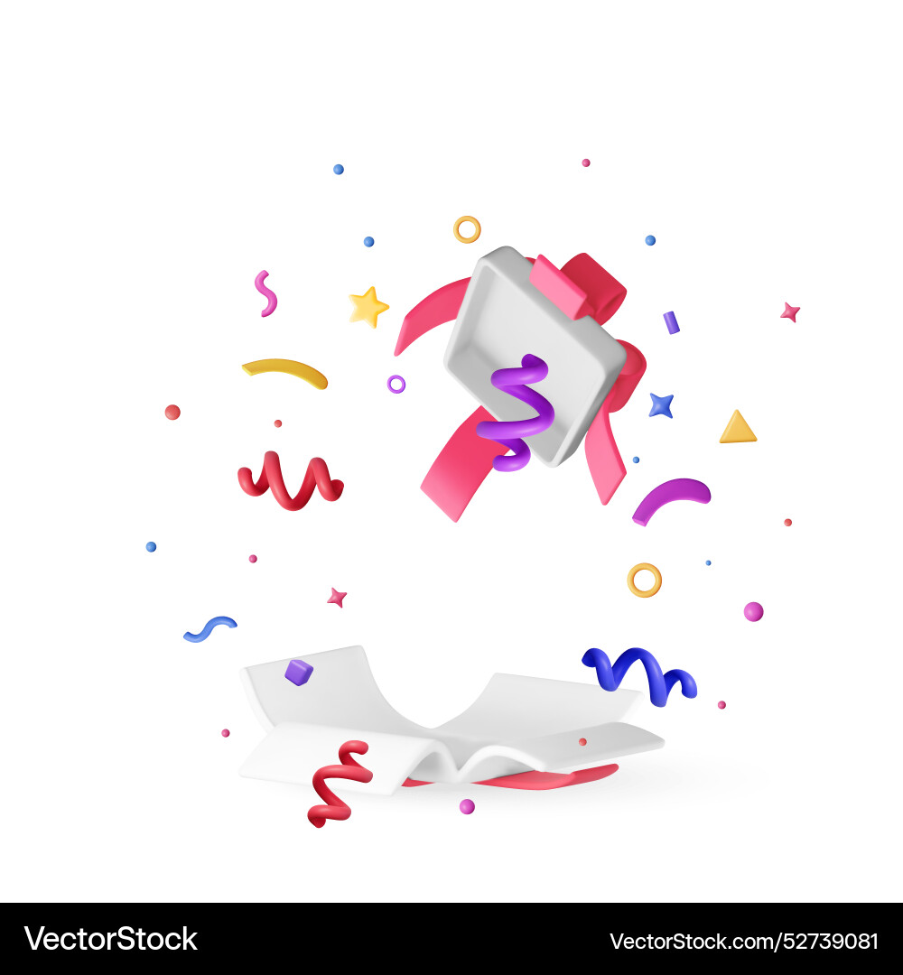 3d open gift box with falling confetti Royalty Free Vector