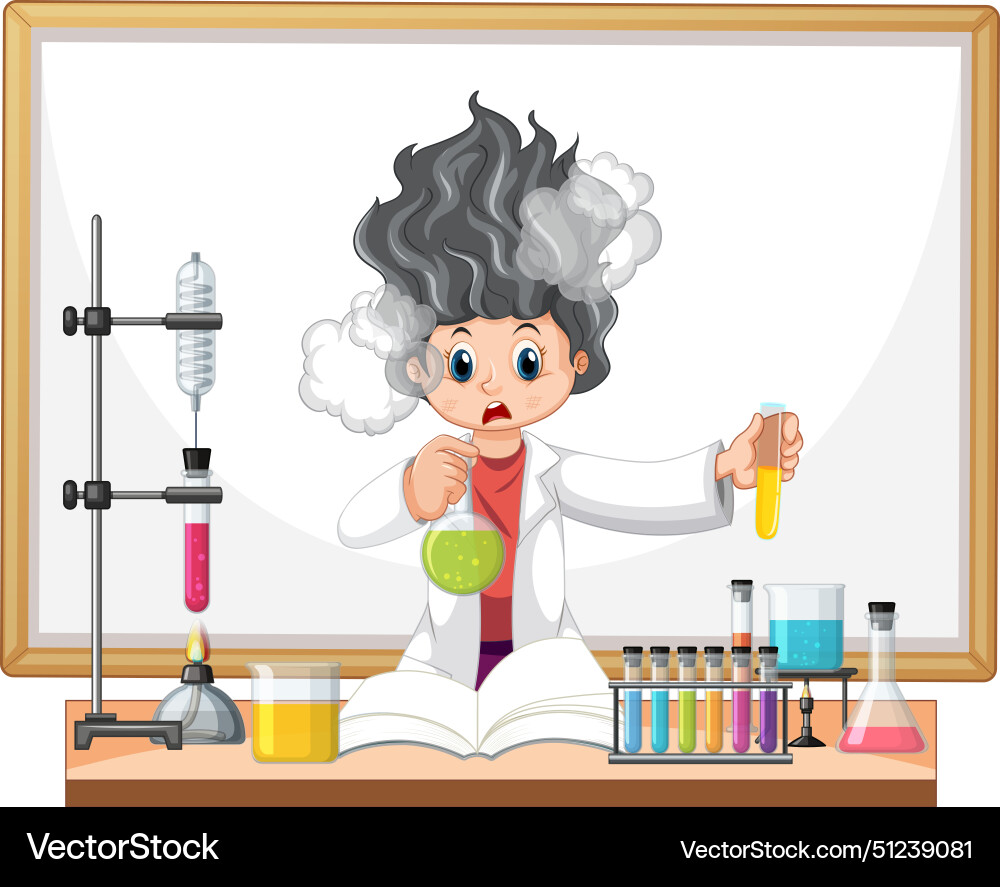 Cartoon child scientist experimenting in a lab Vector Image