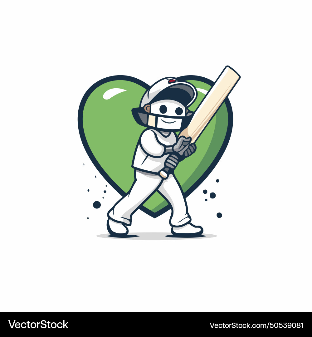 Cricket player with bat and green heart Royalty Free Vector