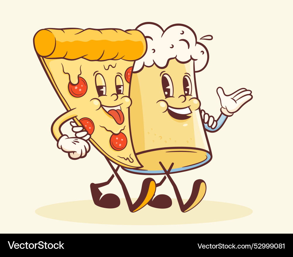 Groovy pizza and beer retro characters label Vector Image