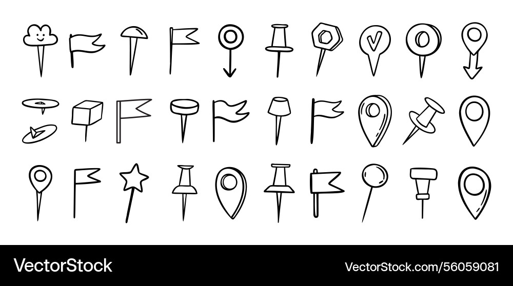 Pins hand drawn doodle set pin line drawing style Vector Image