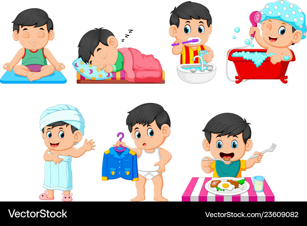 Collection of the boy doing daily activities Vector Image