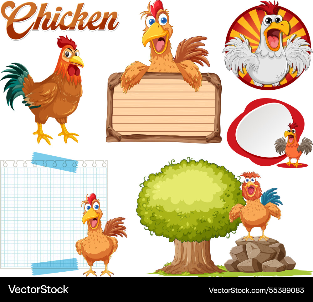 Various cartoon chickens with signs Royalty Free Vector