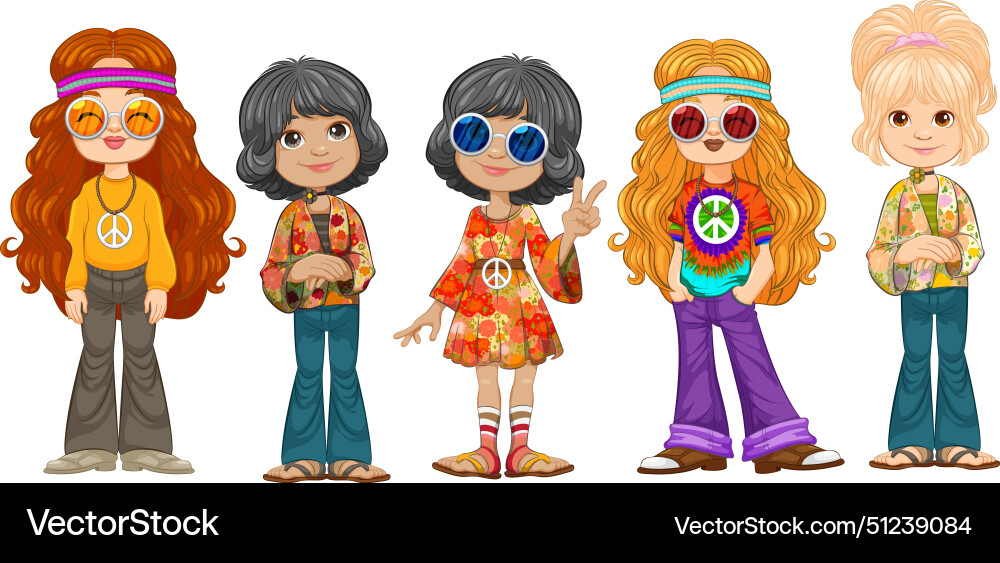 Five kids dressed in vibrant 70s outfits Vector Image