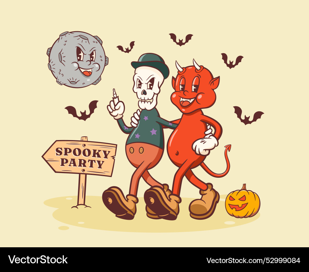 Halloween groovy skeleton and demon retro Vector Image
