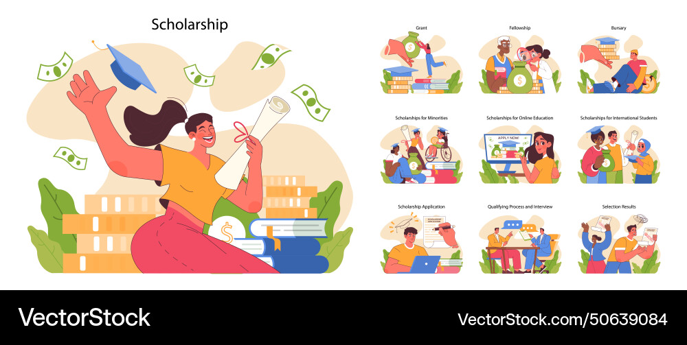 Scholarship set flat Royalty Free Vector Image