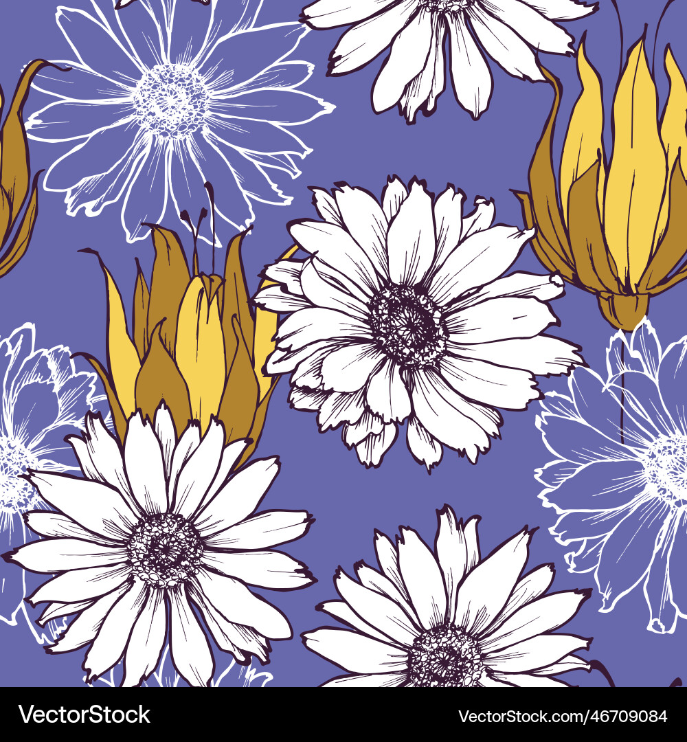 Spring Daisy & Tulip Floral Pattern Royalty Free Vector