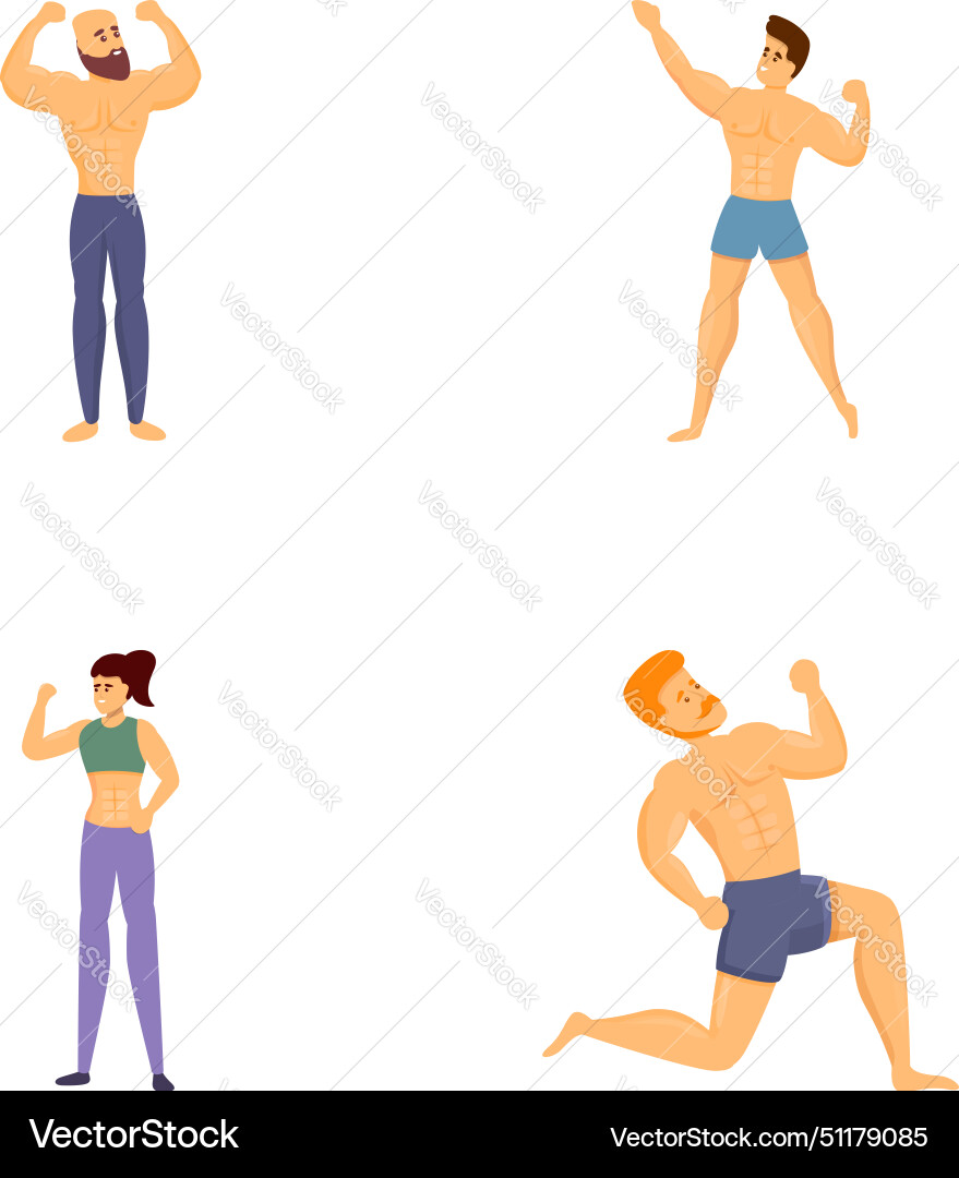 Body building icons set cartoon man Royalty Free Vector