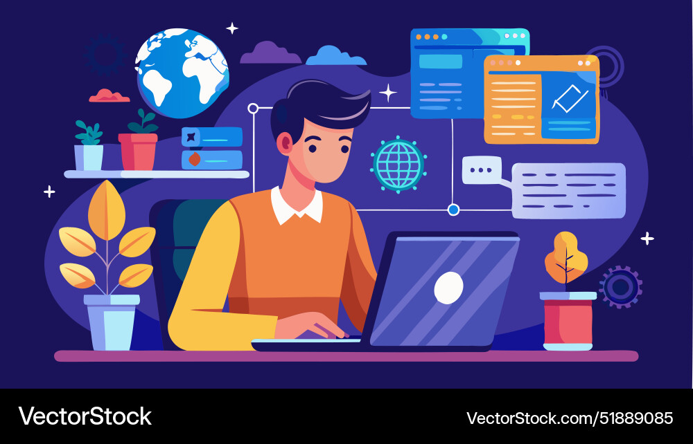 Global tech connection web developer at work Vector Image