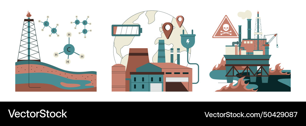 Fossil fuel set resources extraction Royalty Free Vector