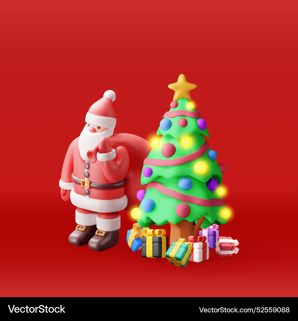 3d santa claus with gift bag and christmas tree Vector Image