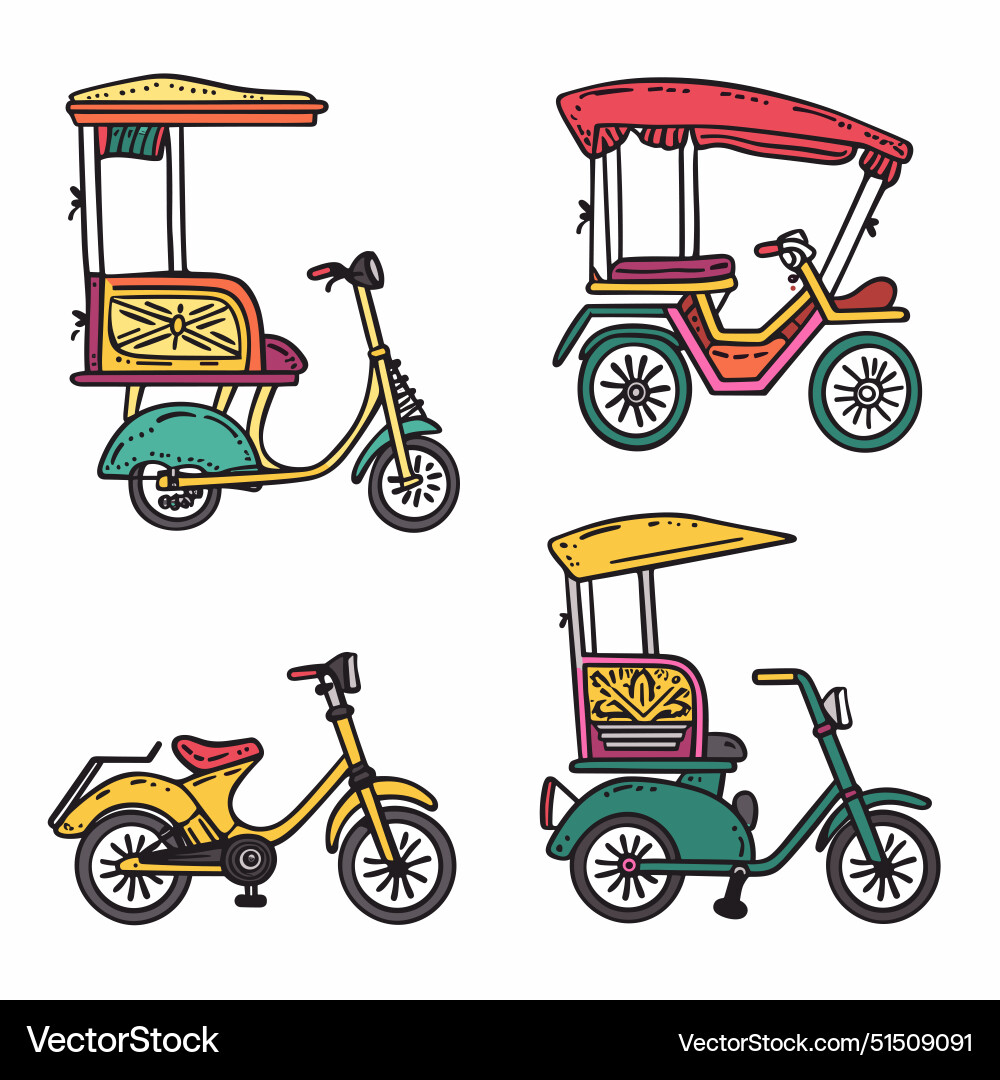 Four colorful rickshaws handdrawn cartoon style Vector Image