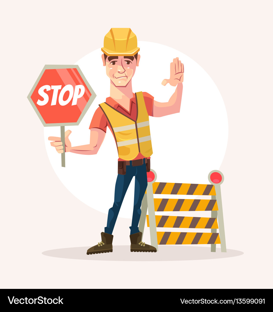 Road worker man character holds stop sign Vector Image