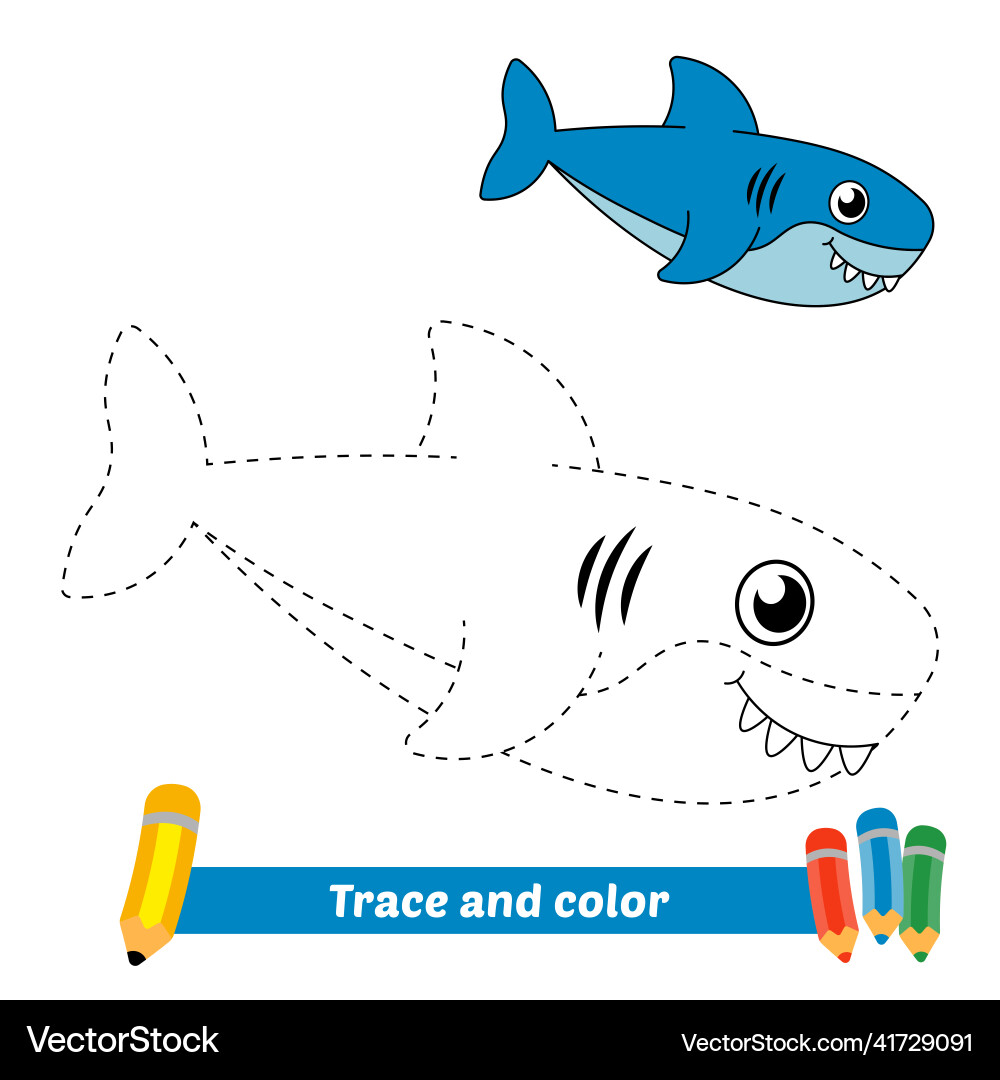 Trace and color for kids shark Royalty Free Vector Image