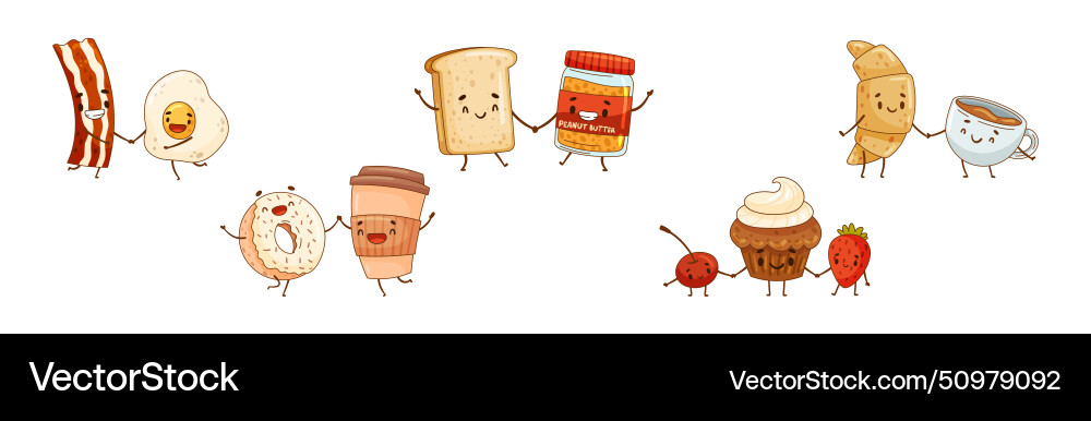 Cute food couple with smiling face set Royalty Free Vector