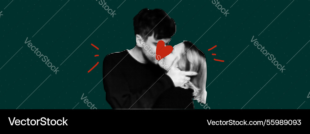 Collage halftone banner with couple in love Vector Image