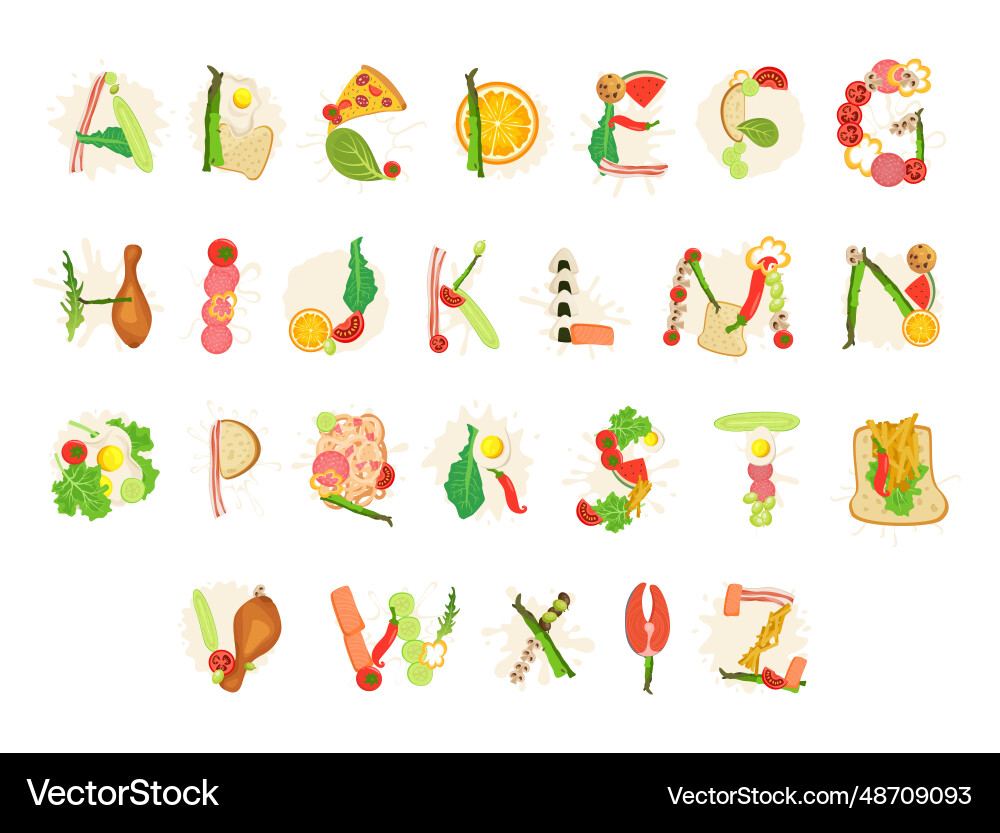 Font abc english alphabet letters different food Vector Image
