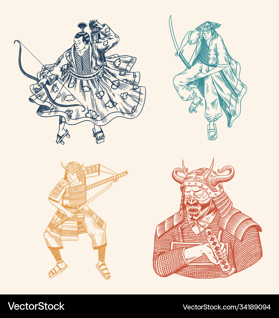 Japanese samurai set warriors with weapons sketch Vector Image