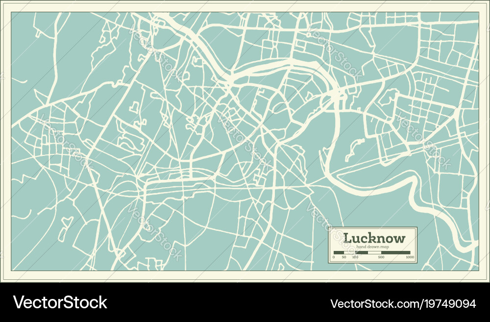 Lucknow City Map - Retro Style Outline Royalty Free Vector