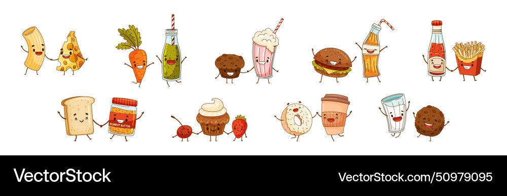 Cute food couple with smiling face set Royalty Free Vector