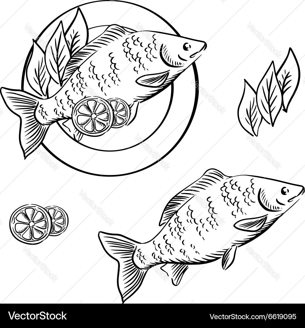 Smoked fish with lemon and fresh herbs Royalty Free Vector